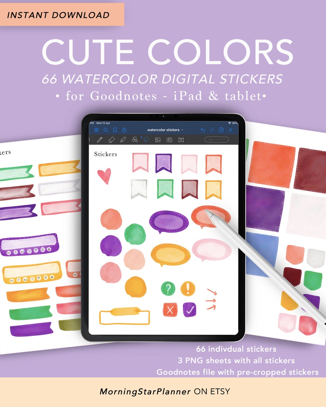 Cute Digital Stickers watercolor Sticky Notes for Goodnotes Planner ...