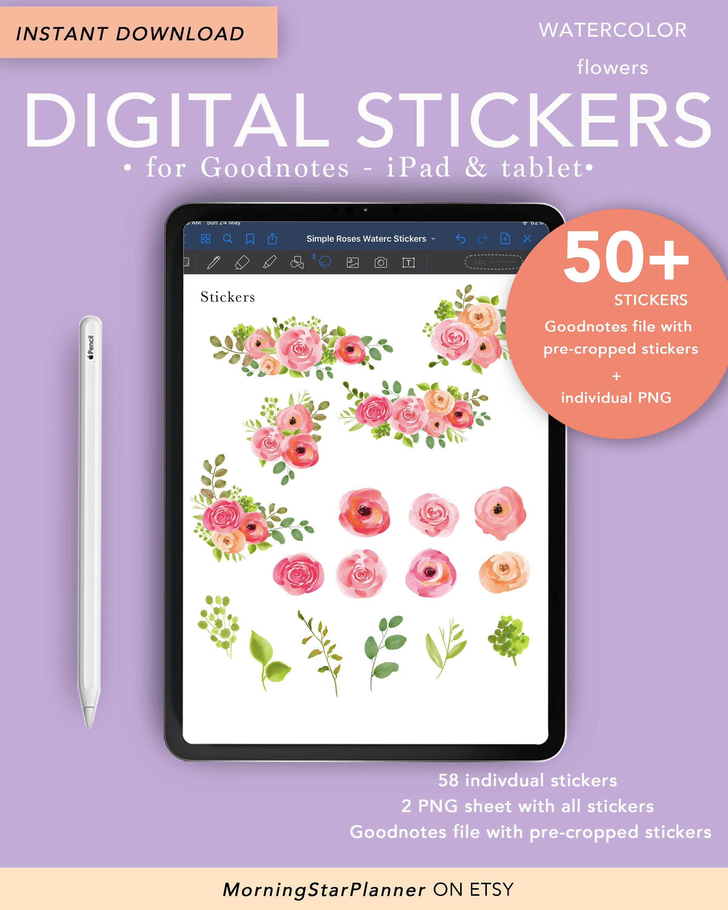 Roses Digital Stickers for Goodnotes Planner, Watercolor Flowers ...