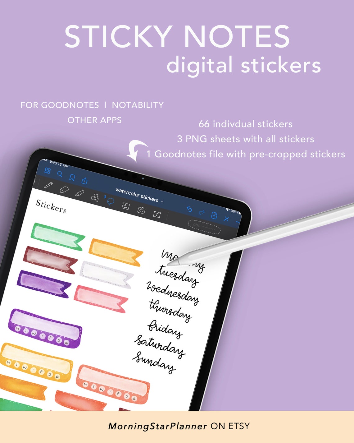 Cute Digital Stickers watercolor Sticky Notes for Goodnotes Planner ...
