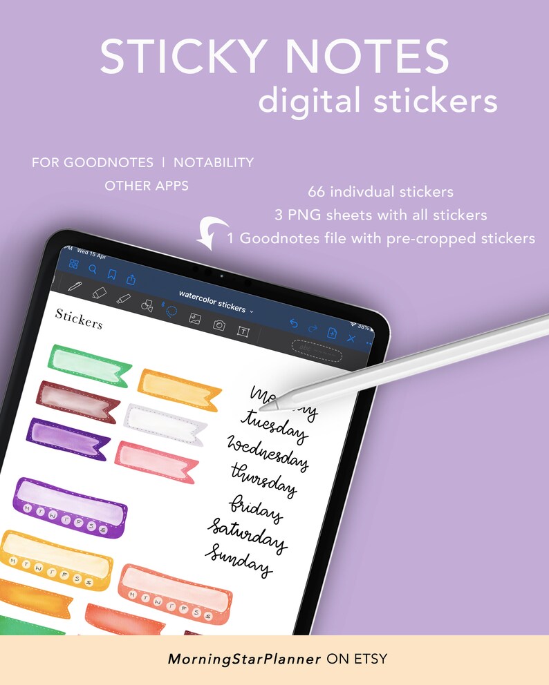 Cute Digital Stickers watercolor Sticky Notes for Goodnotes Planner ...