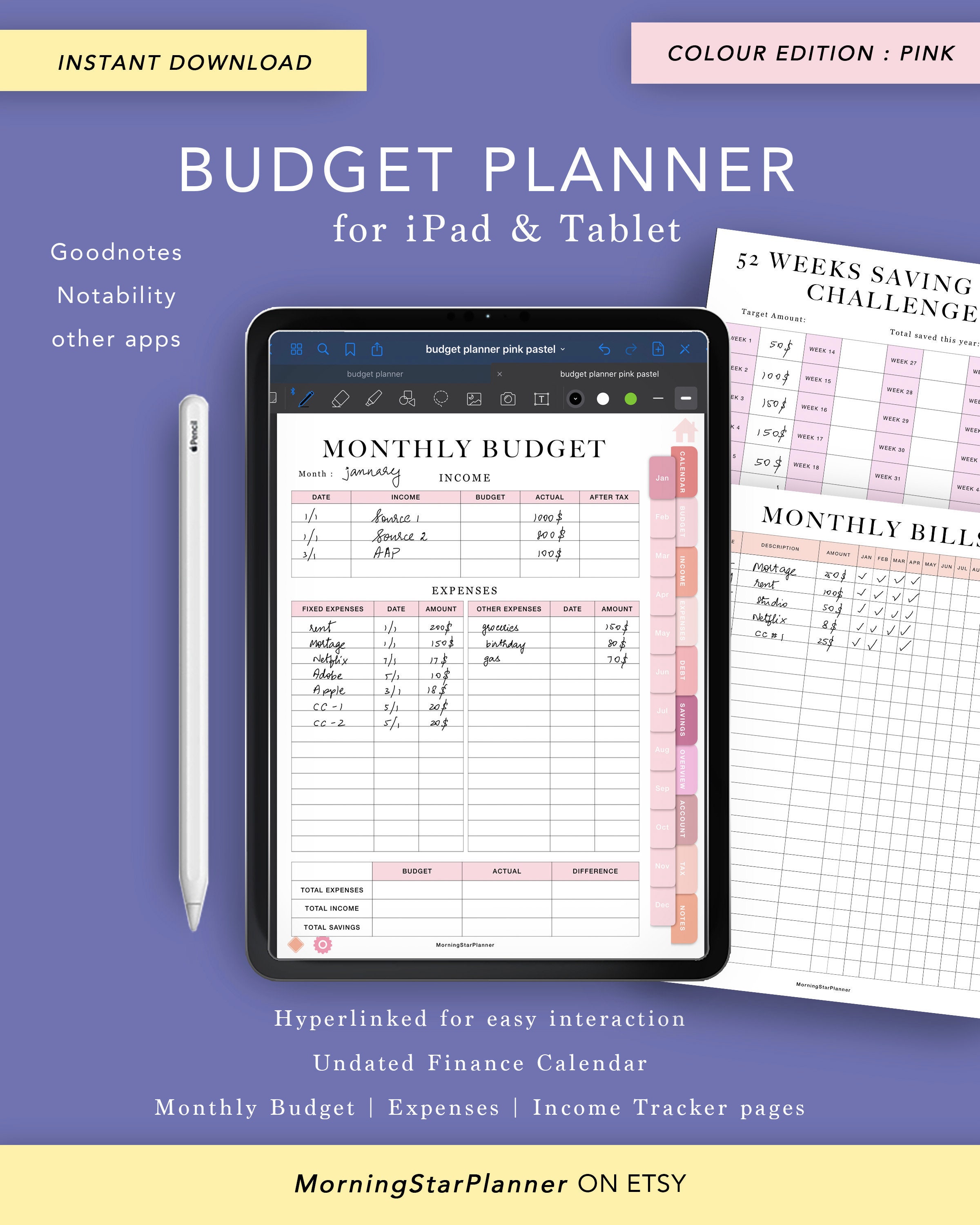 Digital Budget Planner, Finance Planner, iPad Tablet, Hyperlinked Tabs ...