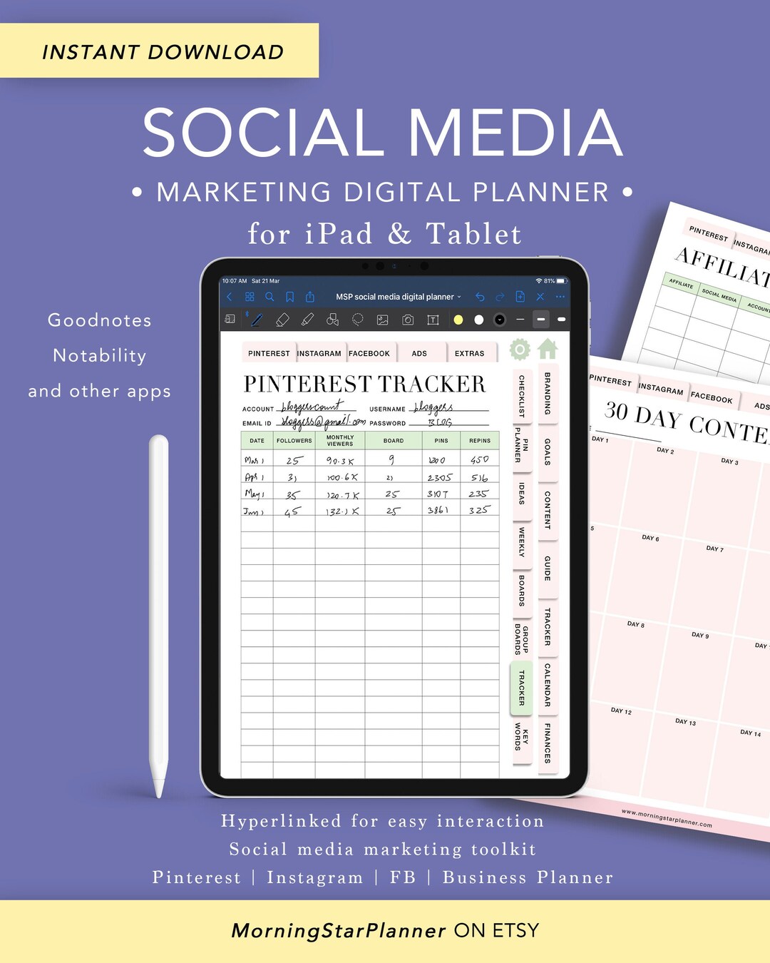 Social Media Digital Planner, Instagram Planner, Pinterest Worksheet ...