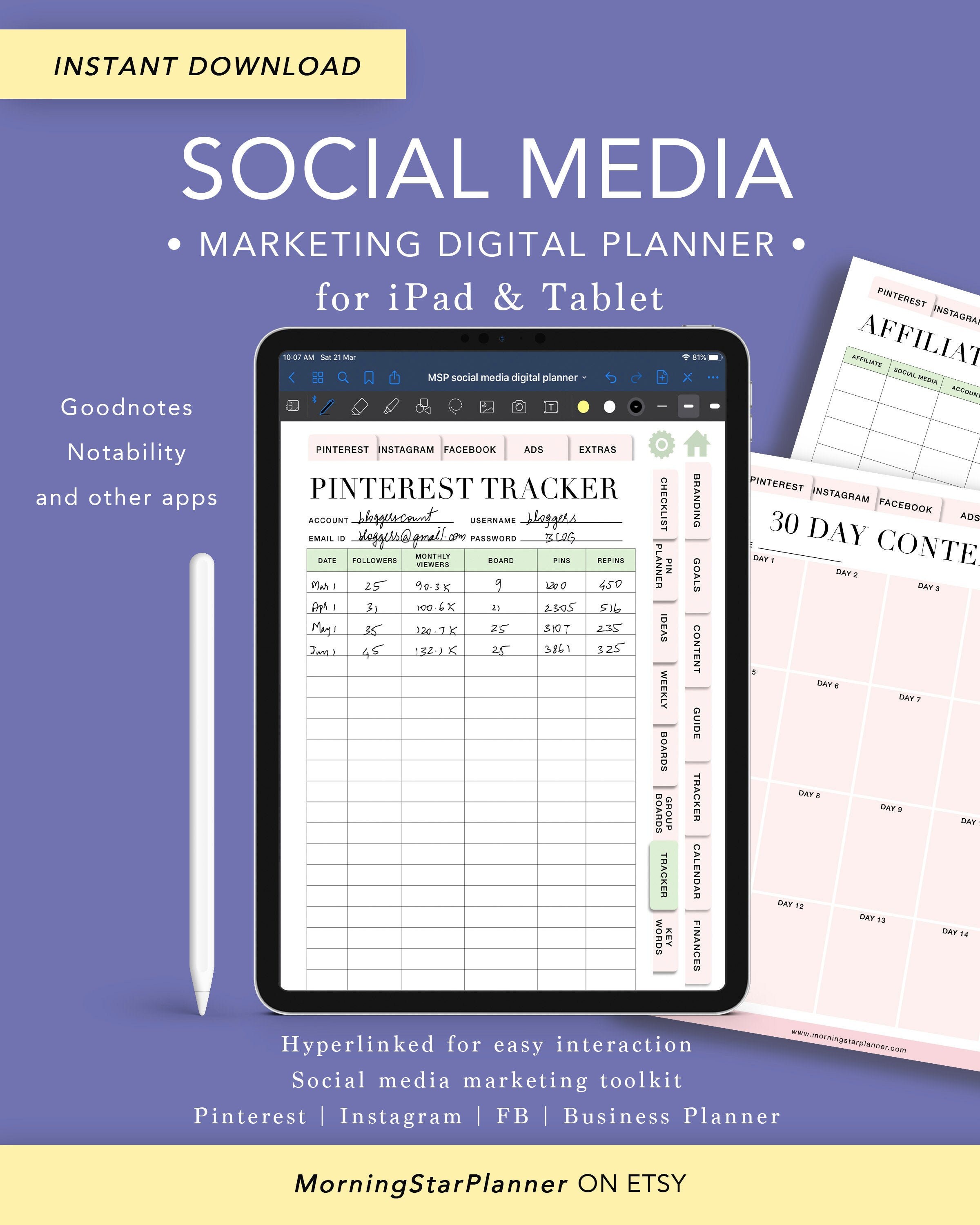Social Media Digital Planner, Instagram Planner, Pinterest Worksheet ...