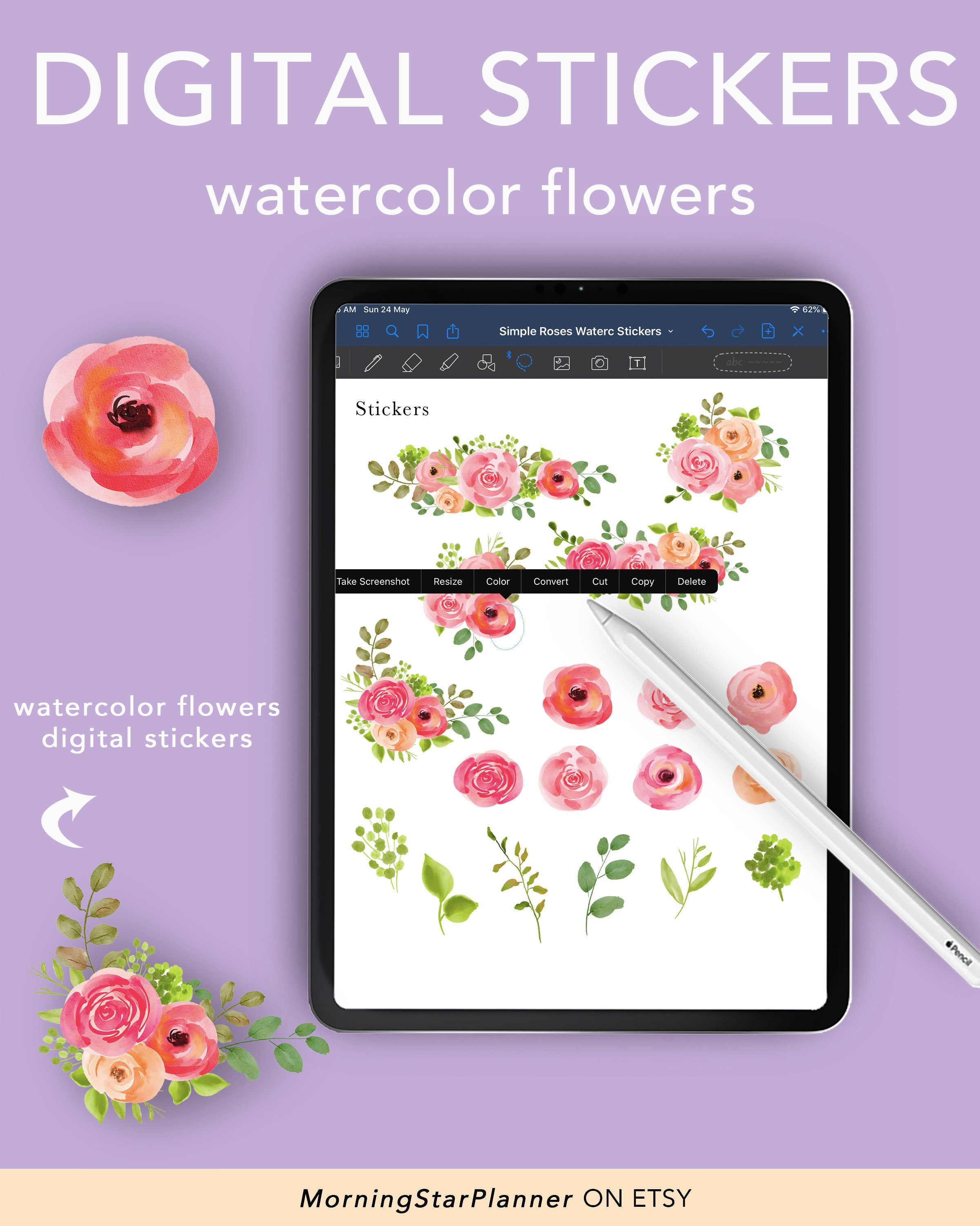 Roses Digital Stickers for Goodnotes Planner, Watercolor Flowers ...