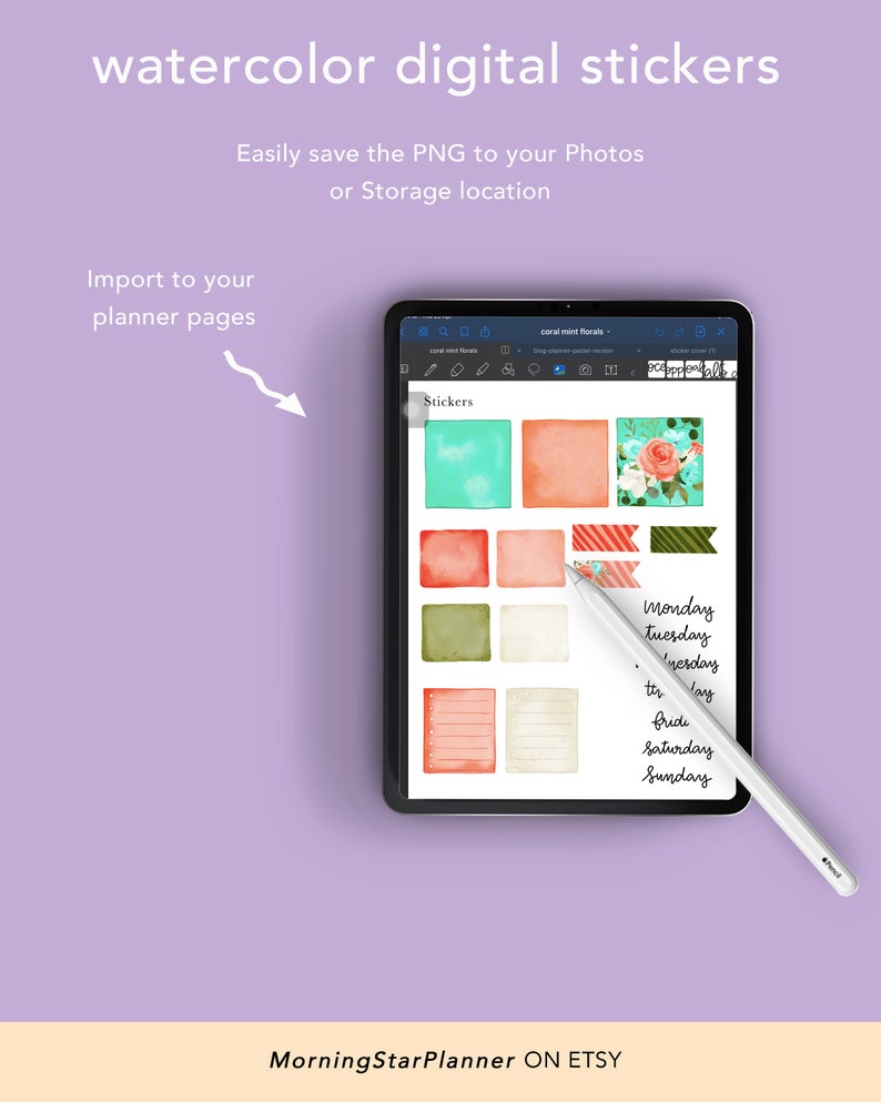 Buy Coral Mint Digital Stickers for Goodnotes Planner, Watercolor ...