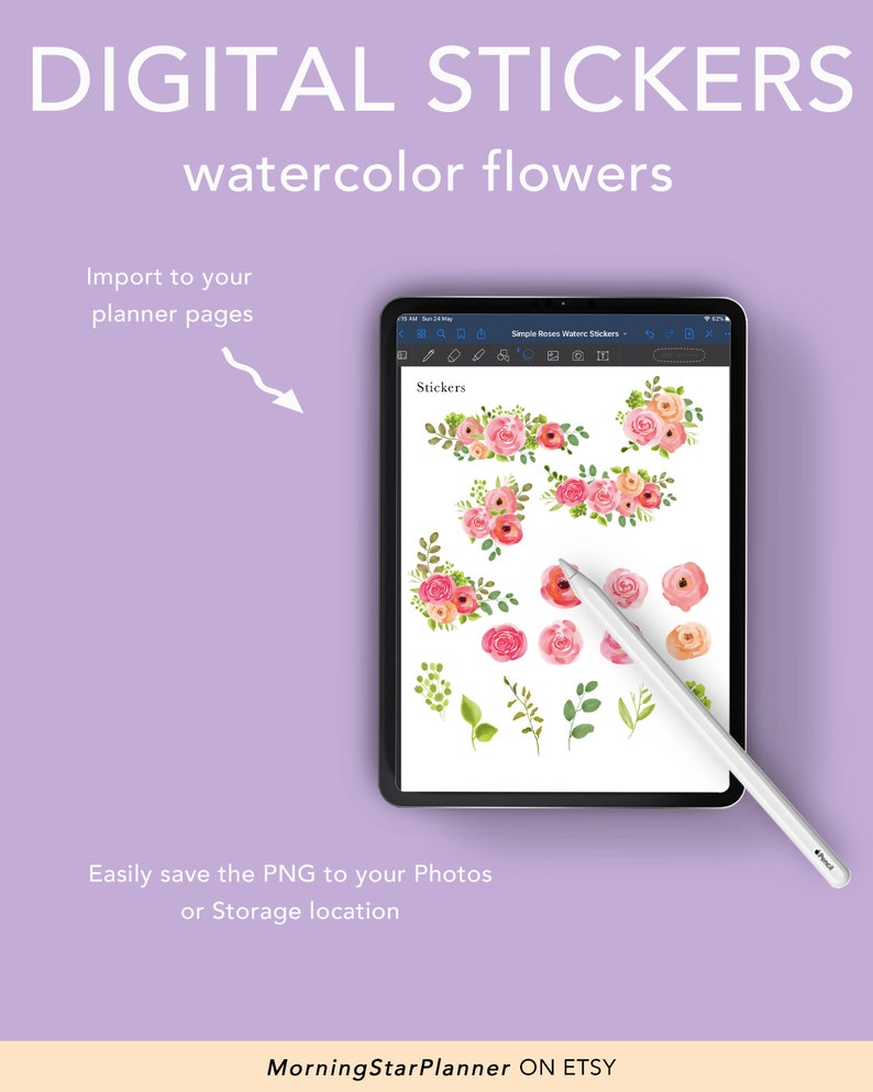 Roses Digital Stickers for Goodnotes Planner, Watercolor Flowers ...