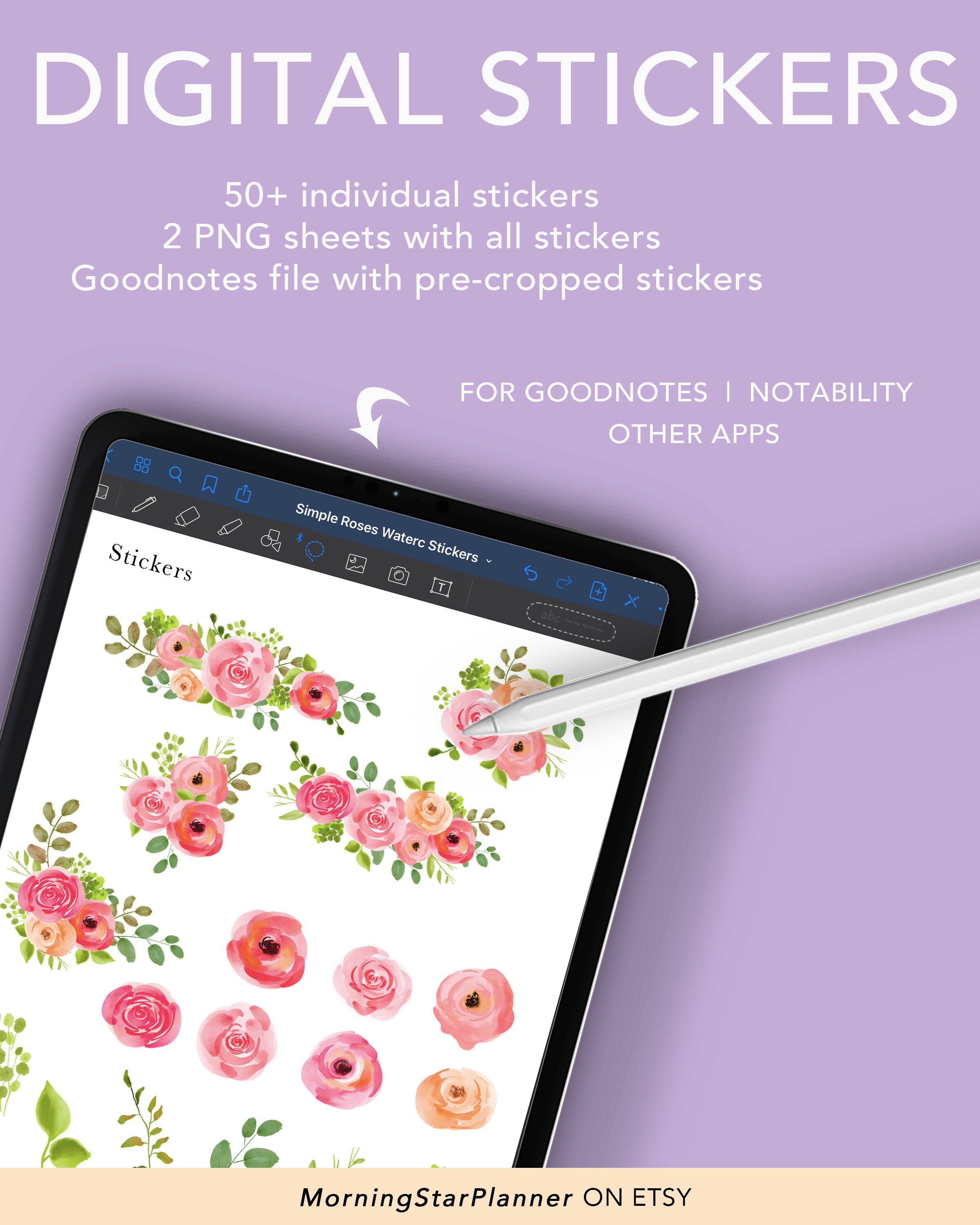 Roses Digital Stickers for Goodnotes Planner, Watercolor Flowers ...