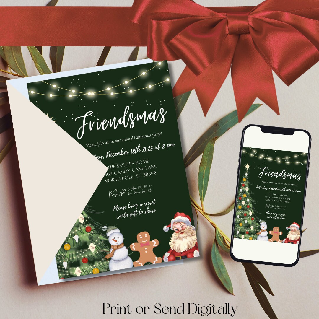 EDITABLE Friendsmas Invitation DIGITAL & PRINTABLE Template, Evergreen ...