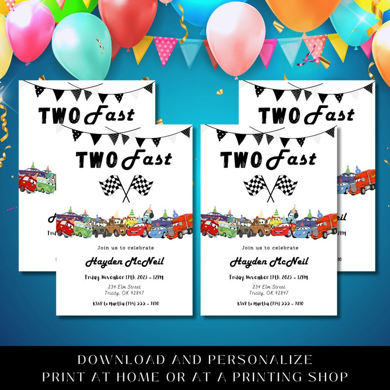 EDITABLE Two Fast Cars Birthday Party 2yo Invitation DIGITAL and PRINT ...