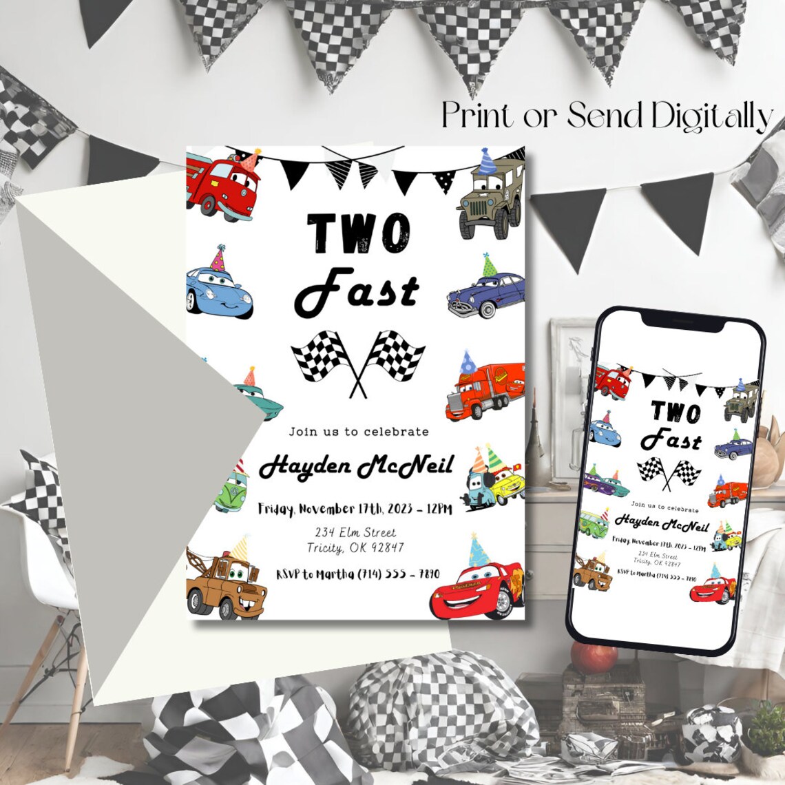 EDITABLE Two Fast Cars Birthday Party 2yo Invitation DIGITAL and PRINT ...