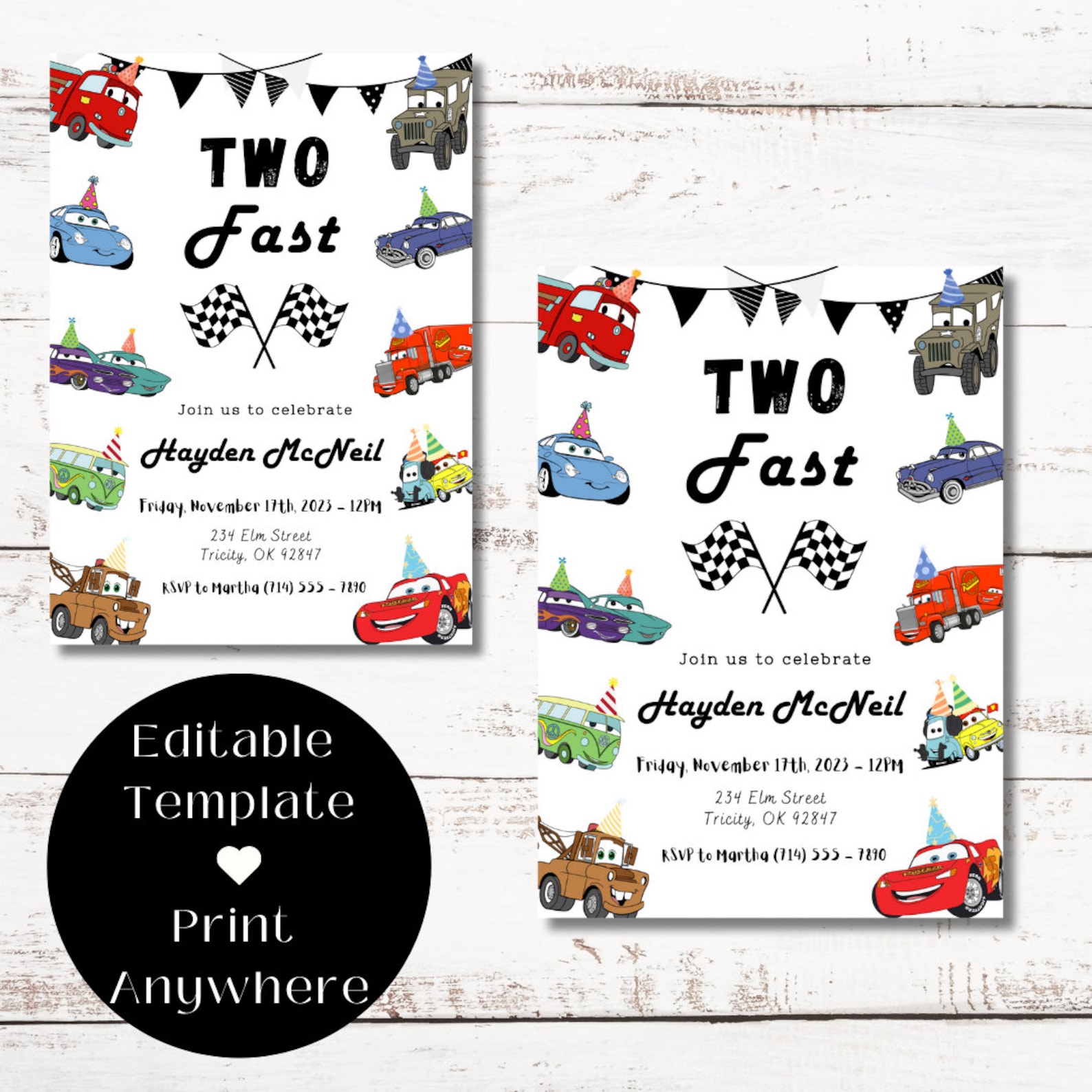 EDITABLE Two Fast Cars Birthday Party 2yo Invitation DIGITAL and PRINT ...