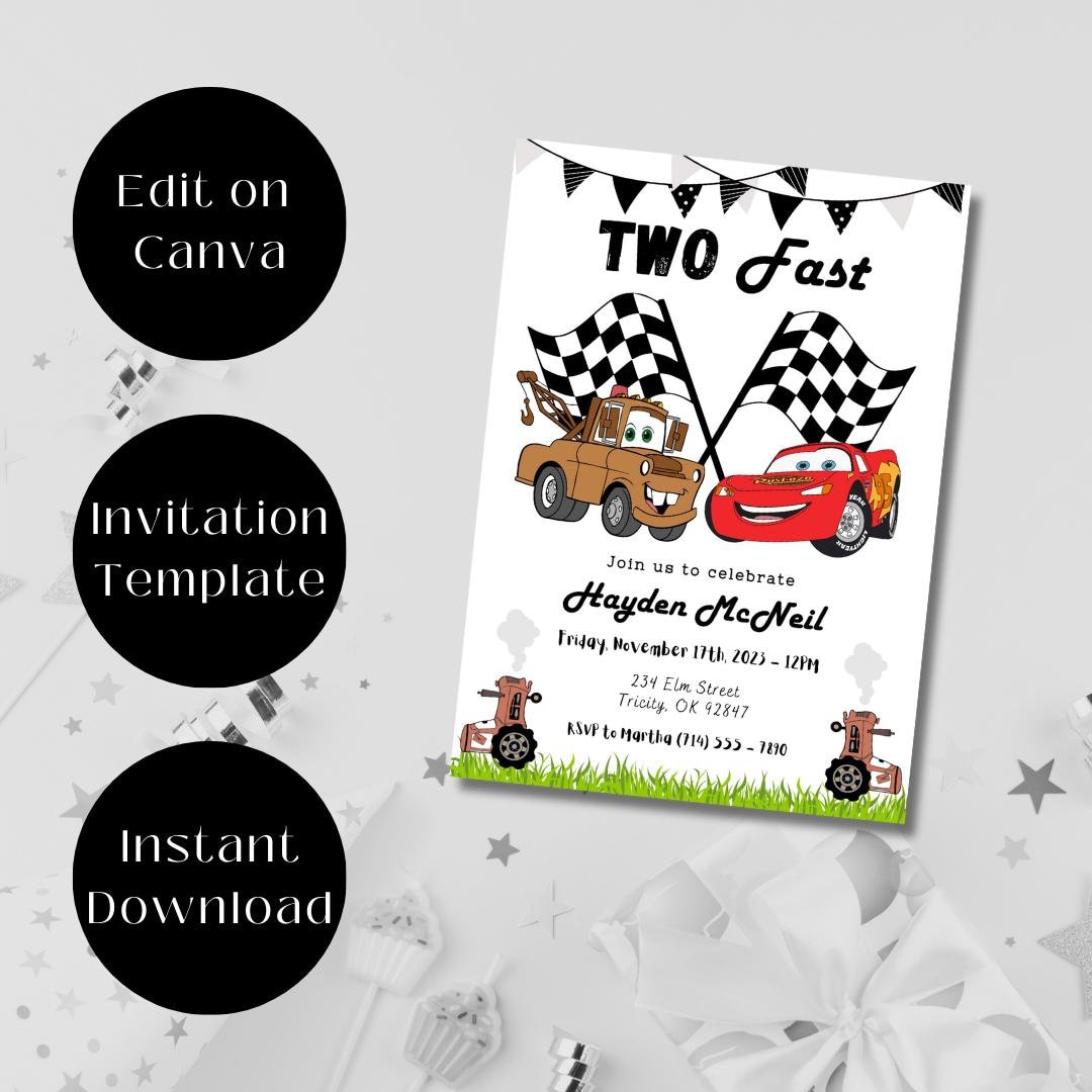 EDITABLE Two Fast Cars Birthday Party 2yo Invitation DIGITAL and PRINT ...
