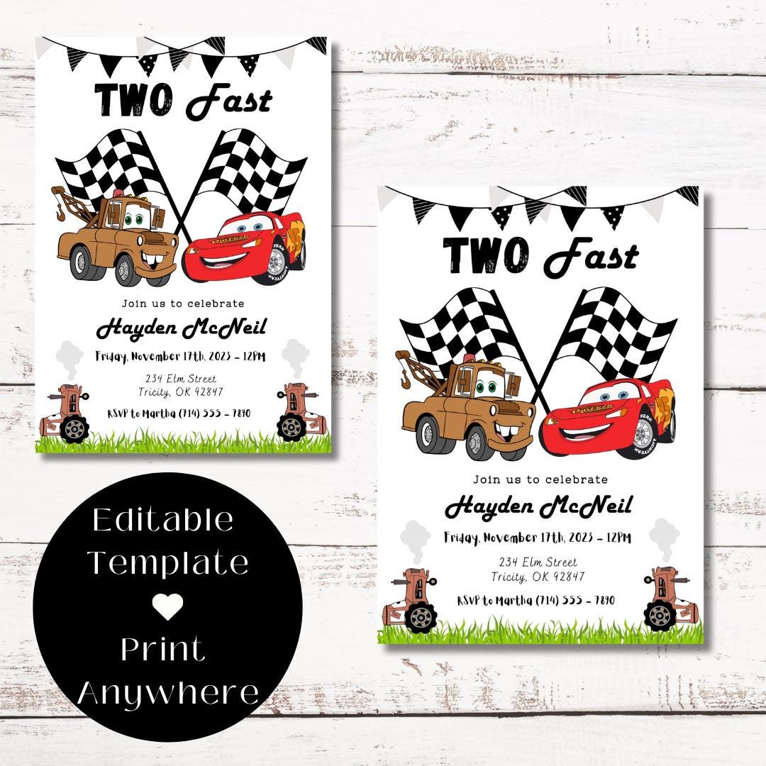 EDITABLE Two Fast Cars Birthday Party 2yo Invitation DIGITAL and PRINT ...
