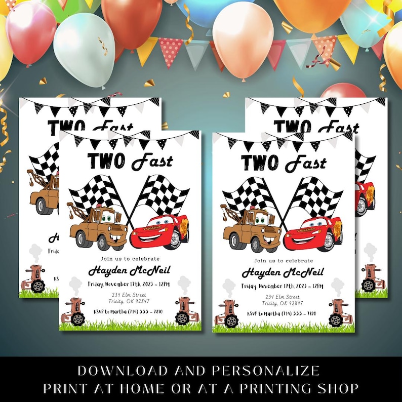 EDITABLE Two Fast Cars Birthday Party 2yo Invitation DIGITAL and PRINT ...