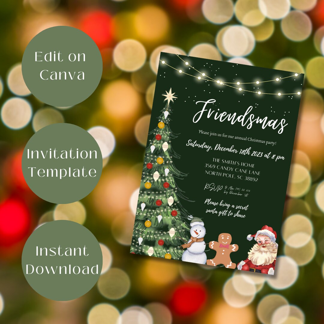EDITABLE Friendsmas Invitation DIGITAL & PRINTABLE Template, Evergreen ...