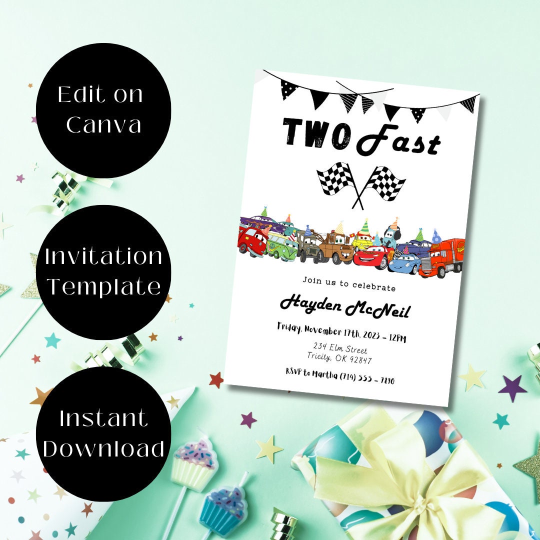 EDITABLE Two Fast Cars Birthday Party 2yo Invitation DIGITAL and PRINT ...