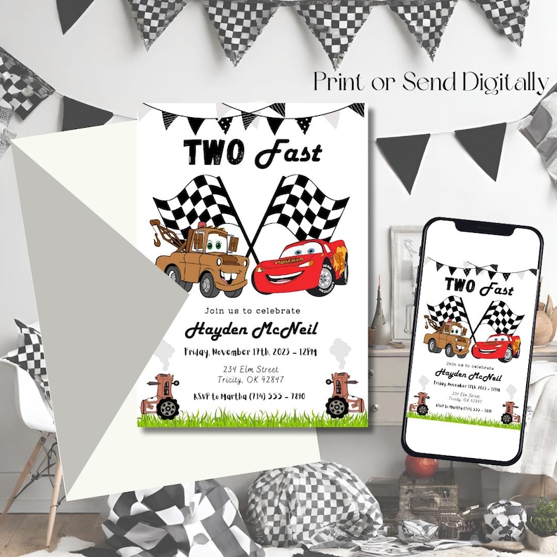 EDITABLE Two Fast Cars Birthday Party 2yo Invitation DIGITAL and PRINT ...