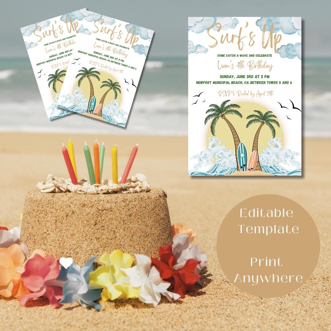 EDITABLE Surfs up Beach Birthday Invitation DIGITAL & PRINTABLE ...