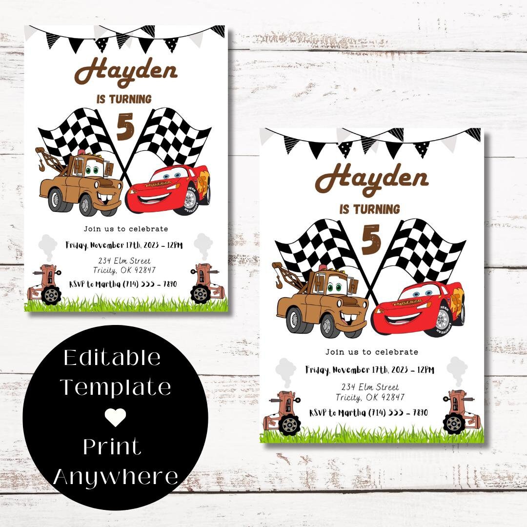 EDITABLE Pixar Cars Birthday Party Invitation, Any Age for DIGITAL and ...