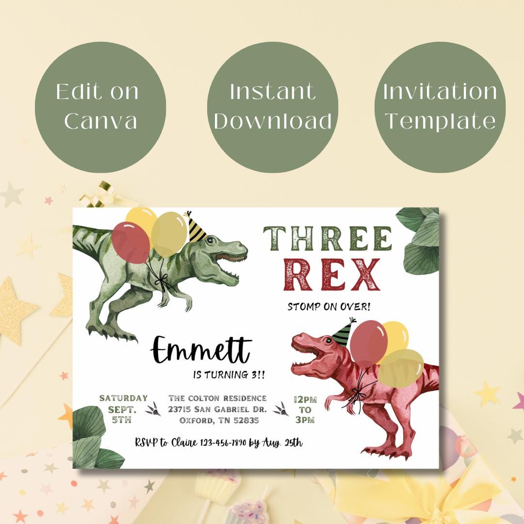 EDITABLE Three Rex Birthday Party Invitation DIGITAL and PRINT ...