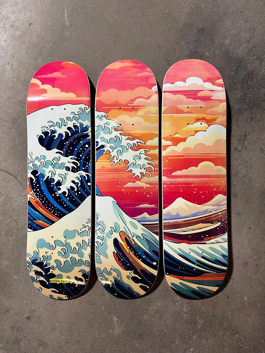 Colourful Futuristic the Great Wave of Kanagawa Triple Skateboard Wall ...