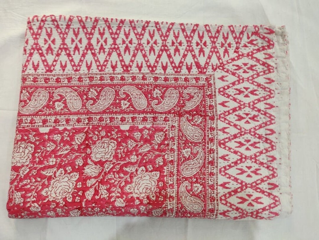 Indian Floral Block Print Kantha Quilt Throw Bedspread Cotton Blanket ...