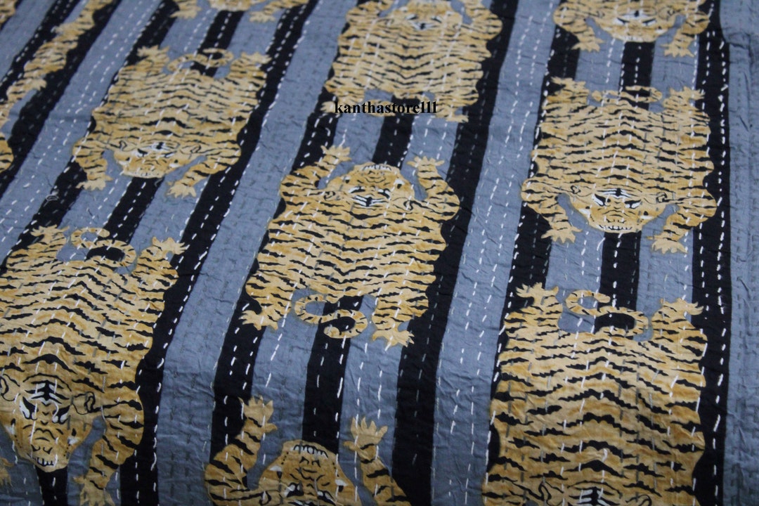 Tiger Block Print Kantha Quilt: Vintage Indian Bedspread Throw - Etsy