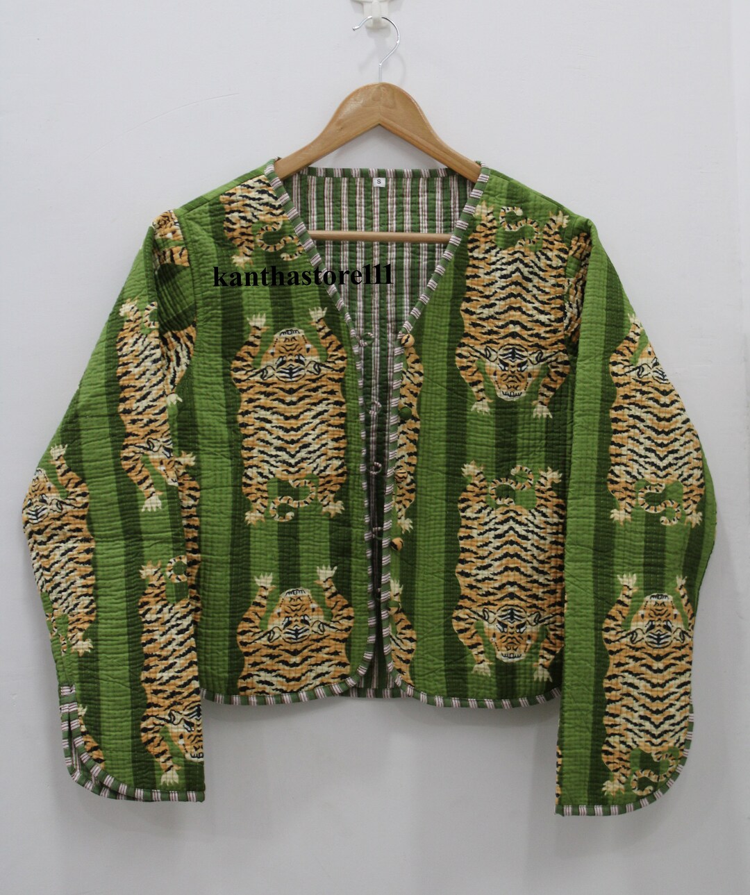 Handmade Green Tiger Print Quilted Cotton Jacket - Reversible Coat Gif ...