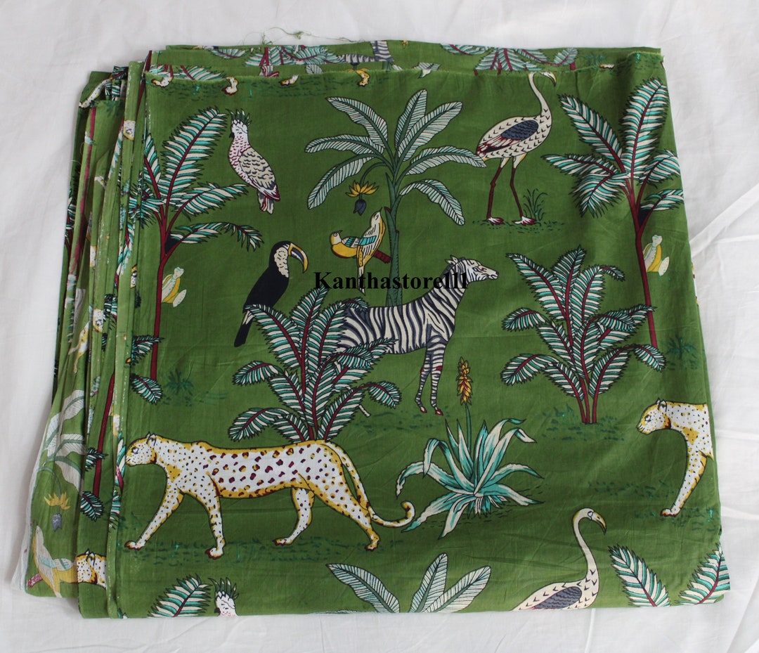 Cut to Size Cotton Fabric, Green Jungle Print Fabric, Handmade Fabric ...