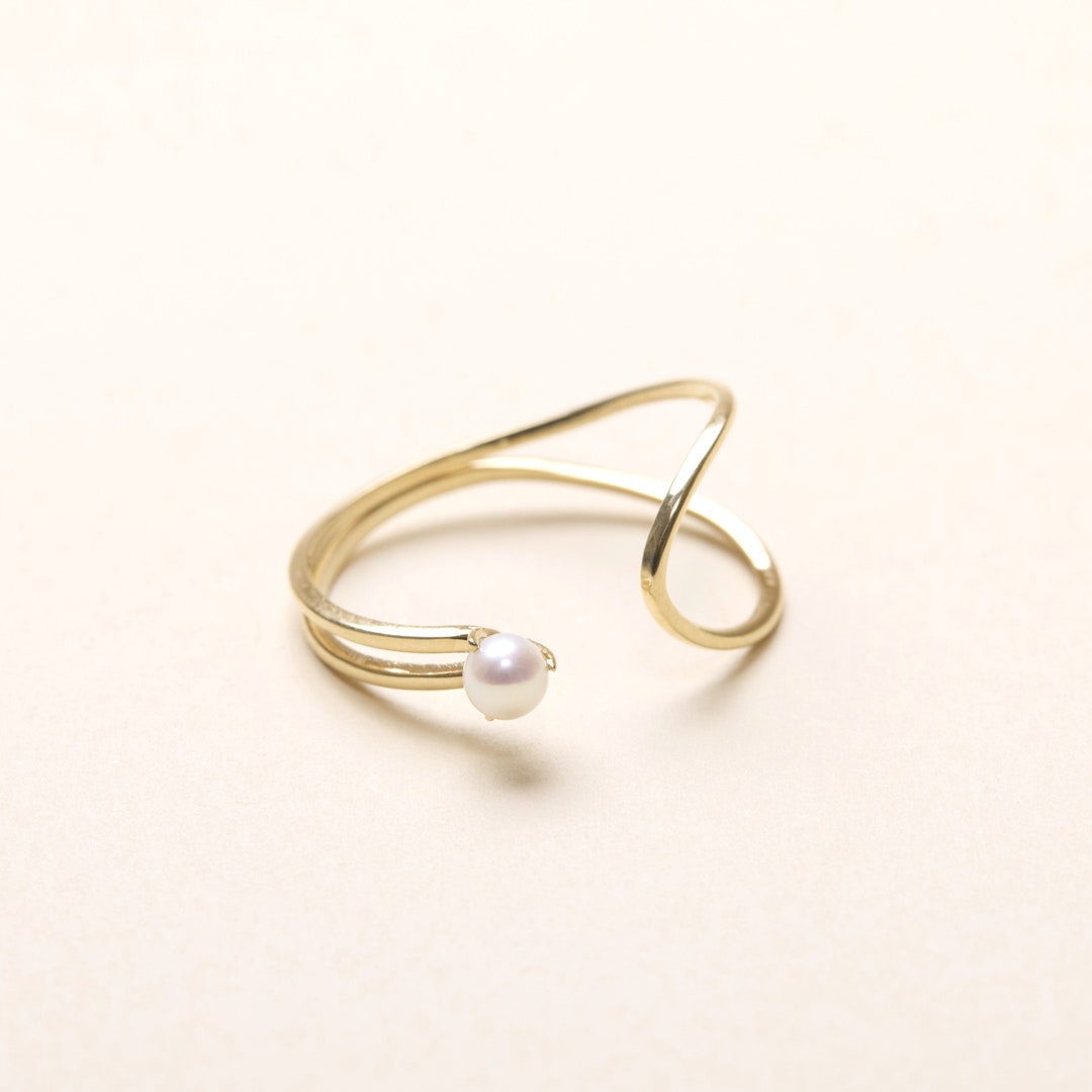 14K Solid Gold Pearl Curved Open Ring, Handmade Jewelry, Freshwater ...