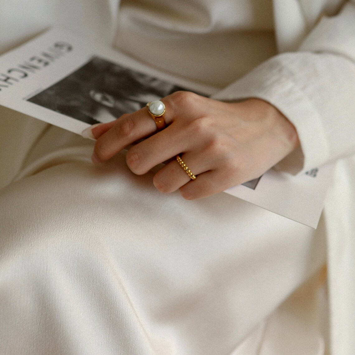 18K Gold Plated Pearl Signet Ring, Vintage Styled Statement Ring, Women ...