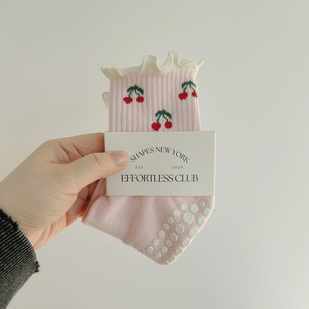 Effortless Club Crew Half Calf Grip Socks, Cherry Printed Pilates Socks ...