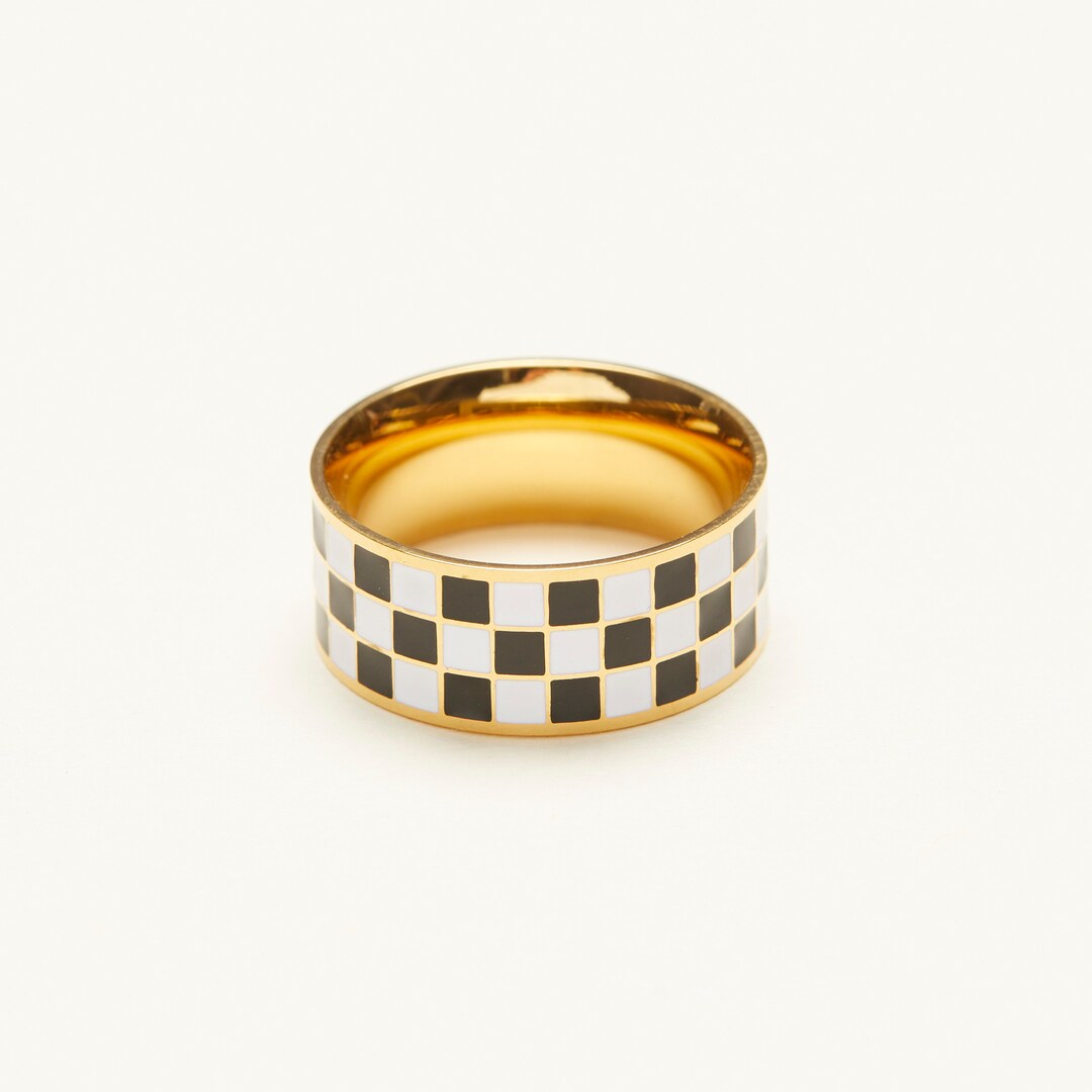 Black and White Checker Band Ring, Funky Ring, 18K Gold Plated Titanium ...