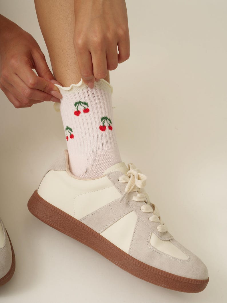 Effortless Club Crew Half Calf Grip Socks, Cherry Printed Pilates Socks ...