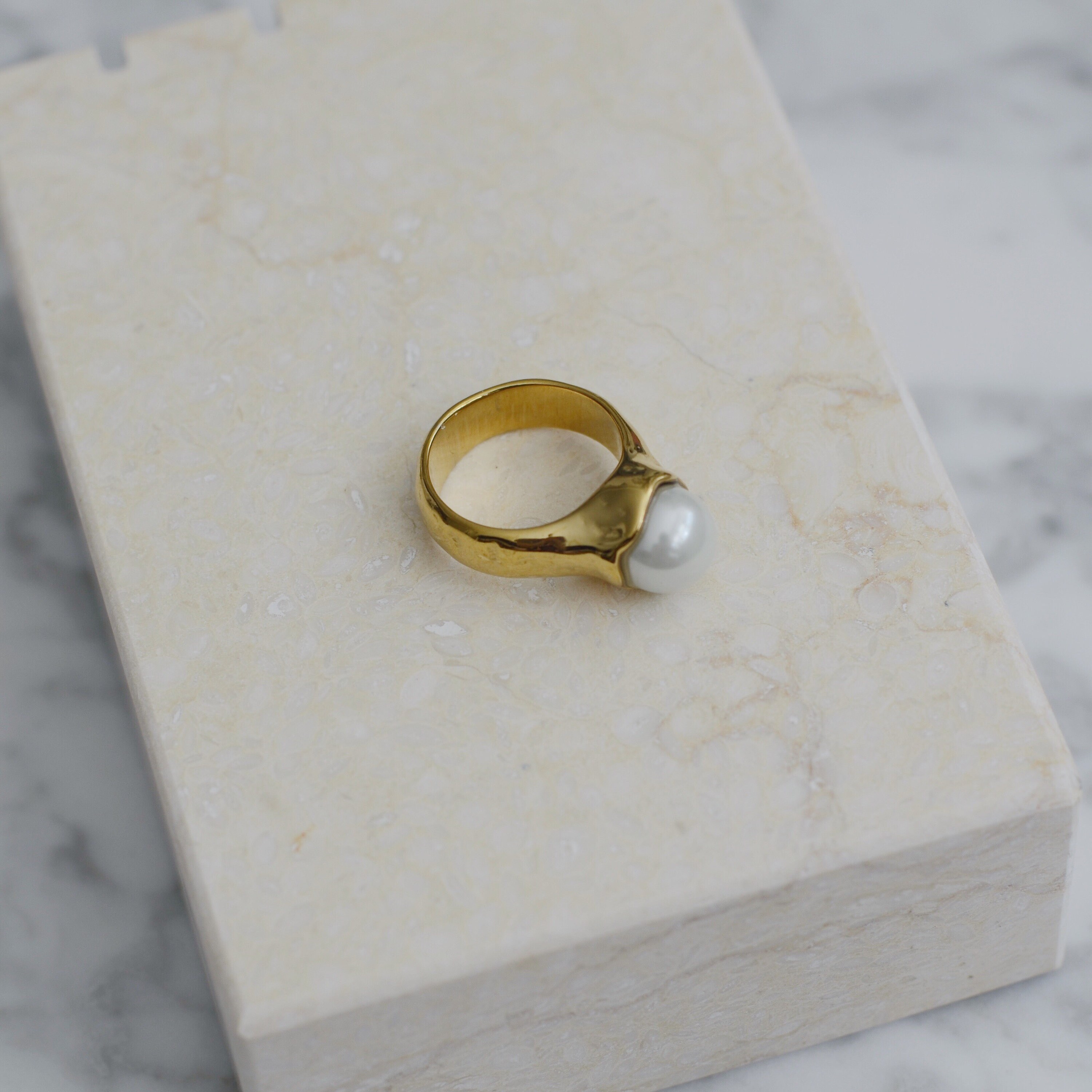 18K Gold Plated Pearl Signet Ring Vintage Styled Statement | Etsy