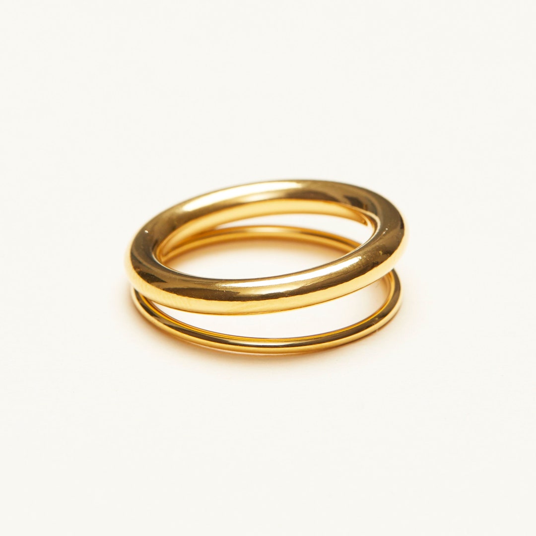 18K Gold Plated Double Band Ring, Gold Stackable Ring, Minimalist Women ...