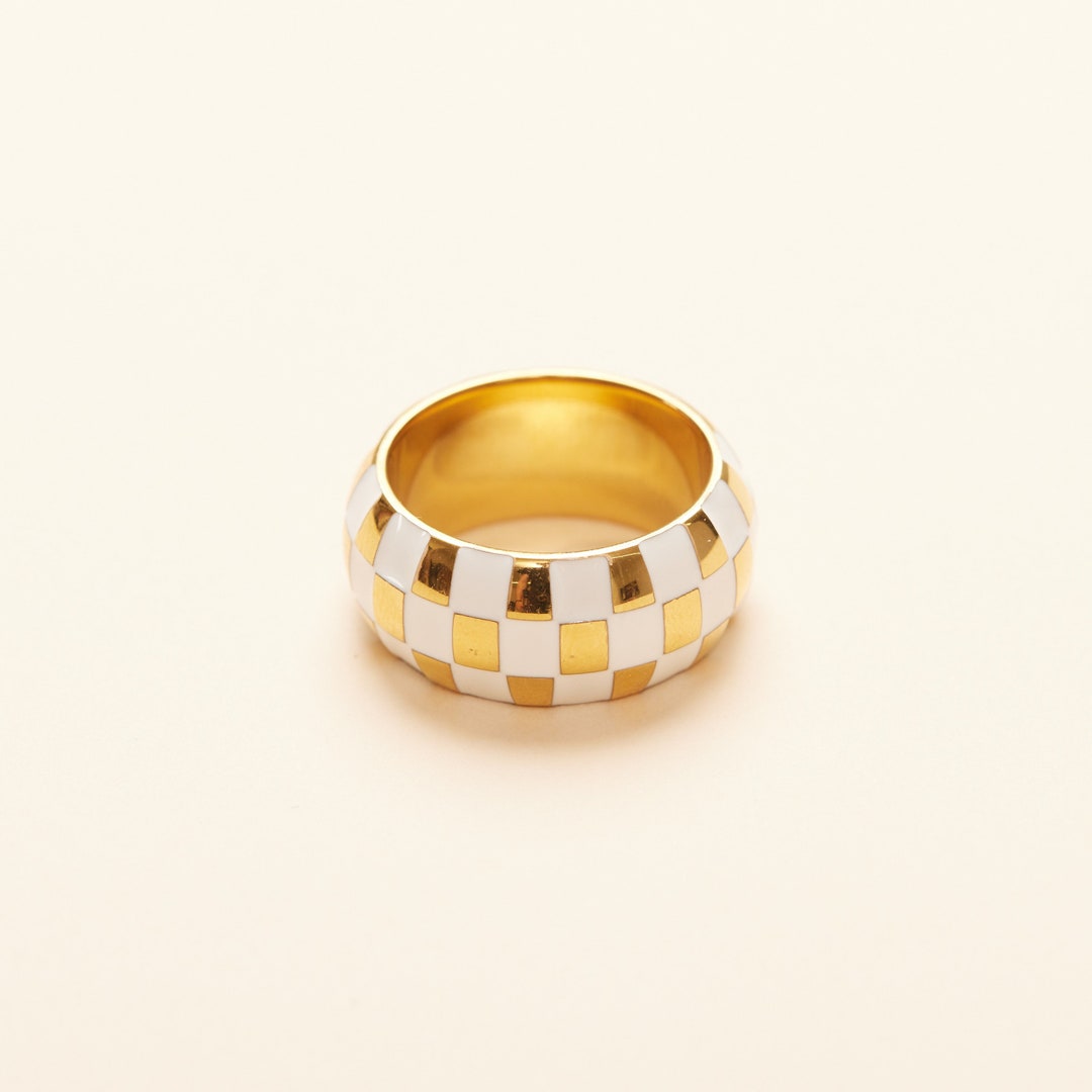 18K Gold Plated Titanium White Checker Band Ring, Bold Ring Checkered ...