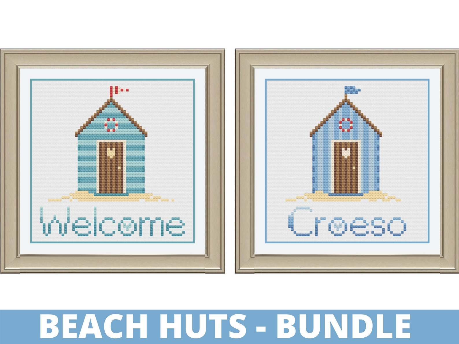 Welcome and Croeso Beach Huts Bundle Printable Cross Stitch | Etsy