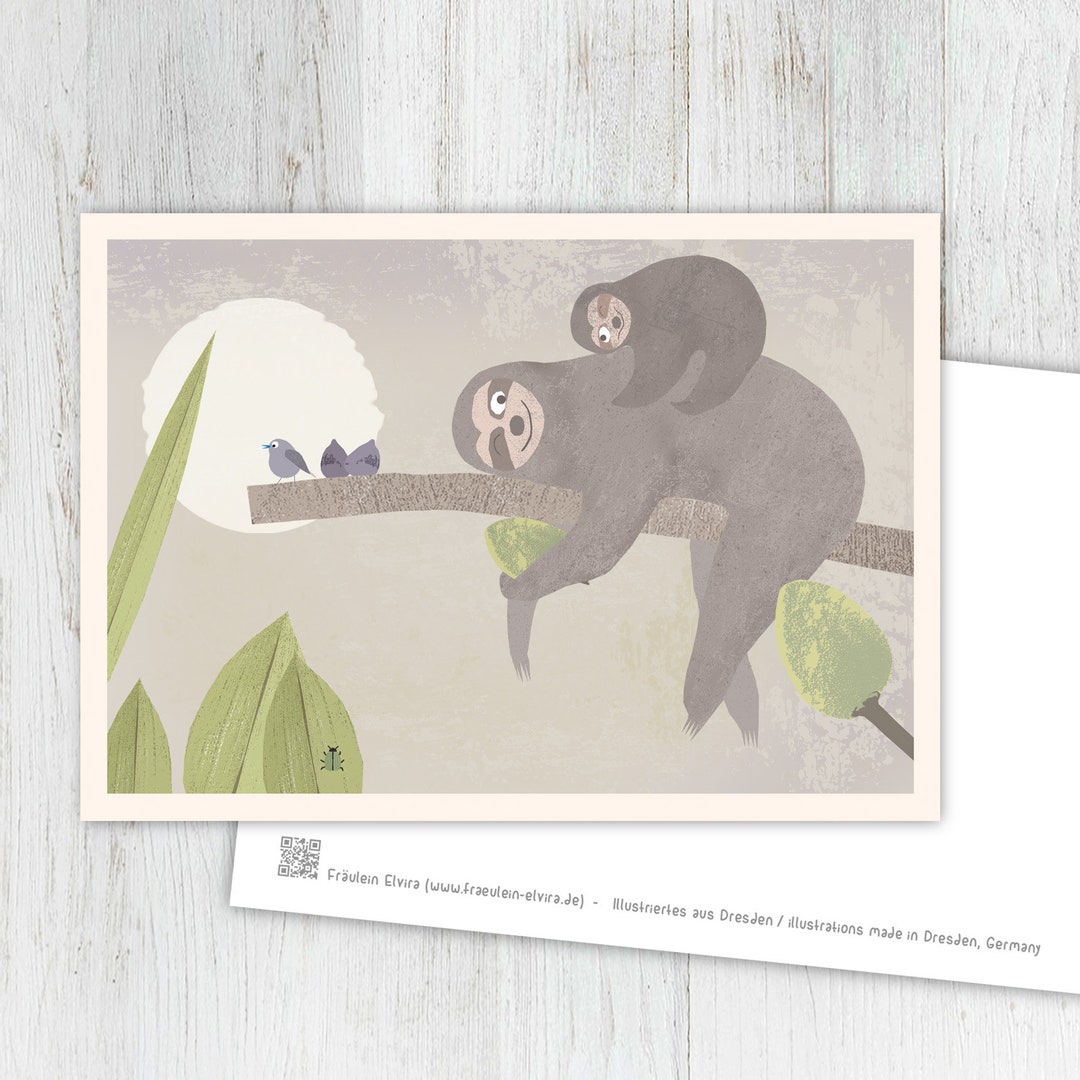 Card Sloth, Greeting Card, Vintage, Retro, Postcard, Illustration ...