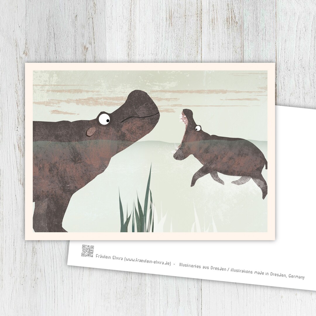 Card Hippo, Greeting Card, Vintage, Retro, Postcard, Illustration ...