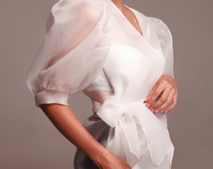 Balloon Short Sleeve Blouse For Woman Sheer Milky White Organza Blouse