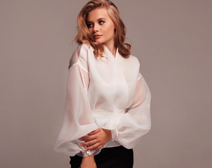 Sheer Milky White Organza Blouse For Bride Wrap Silk Blouse With