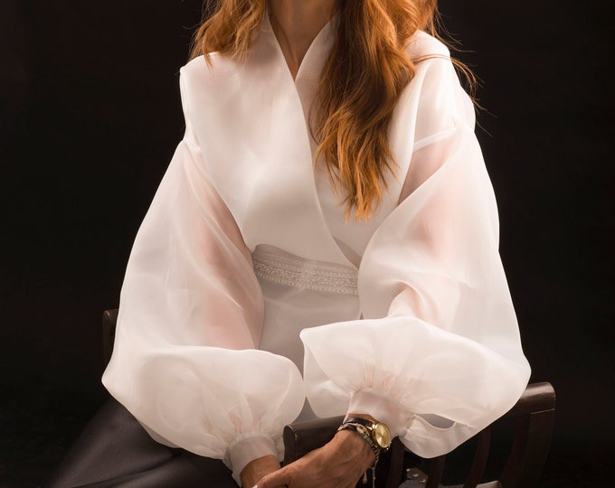 Sheer Milky White Organza Blouse For Bride Wrap Silk Blouse With