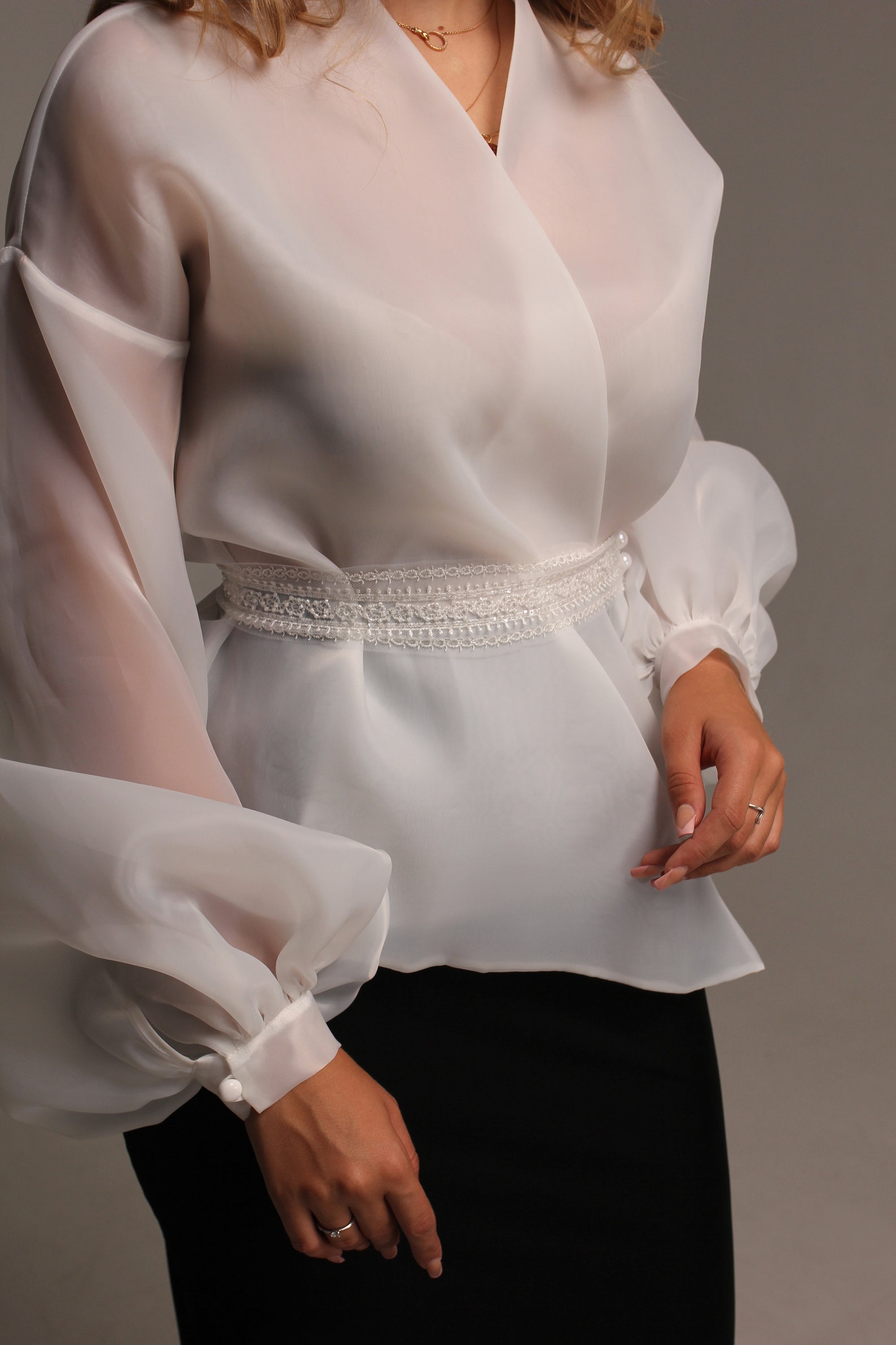 Sheer Milky White Organza Blouse For Bride Wrap Silk Blouse With
