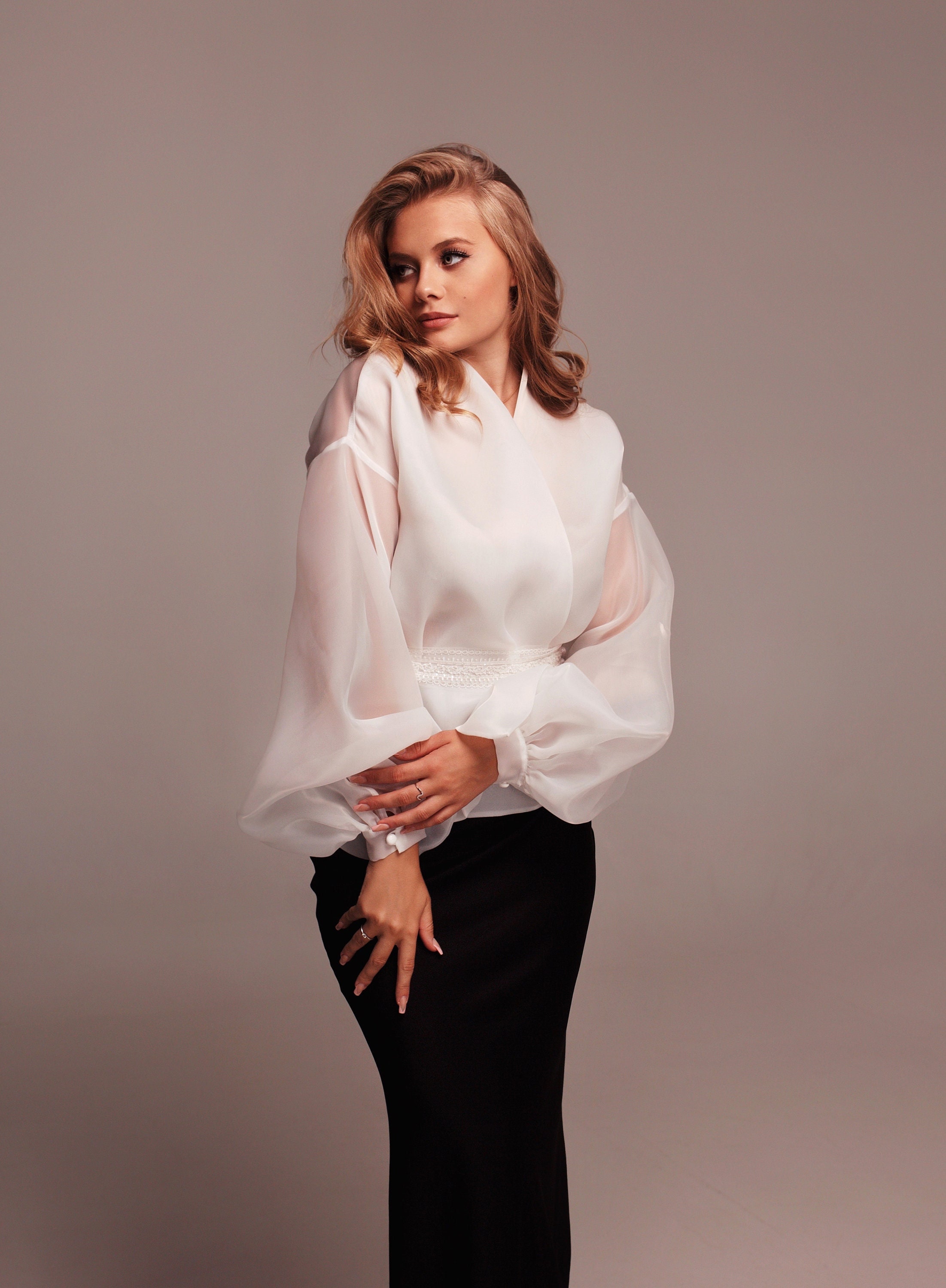 Sheer Milky White Organza Blouse For Bride Wrap Silk Blouse With