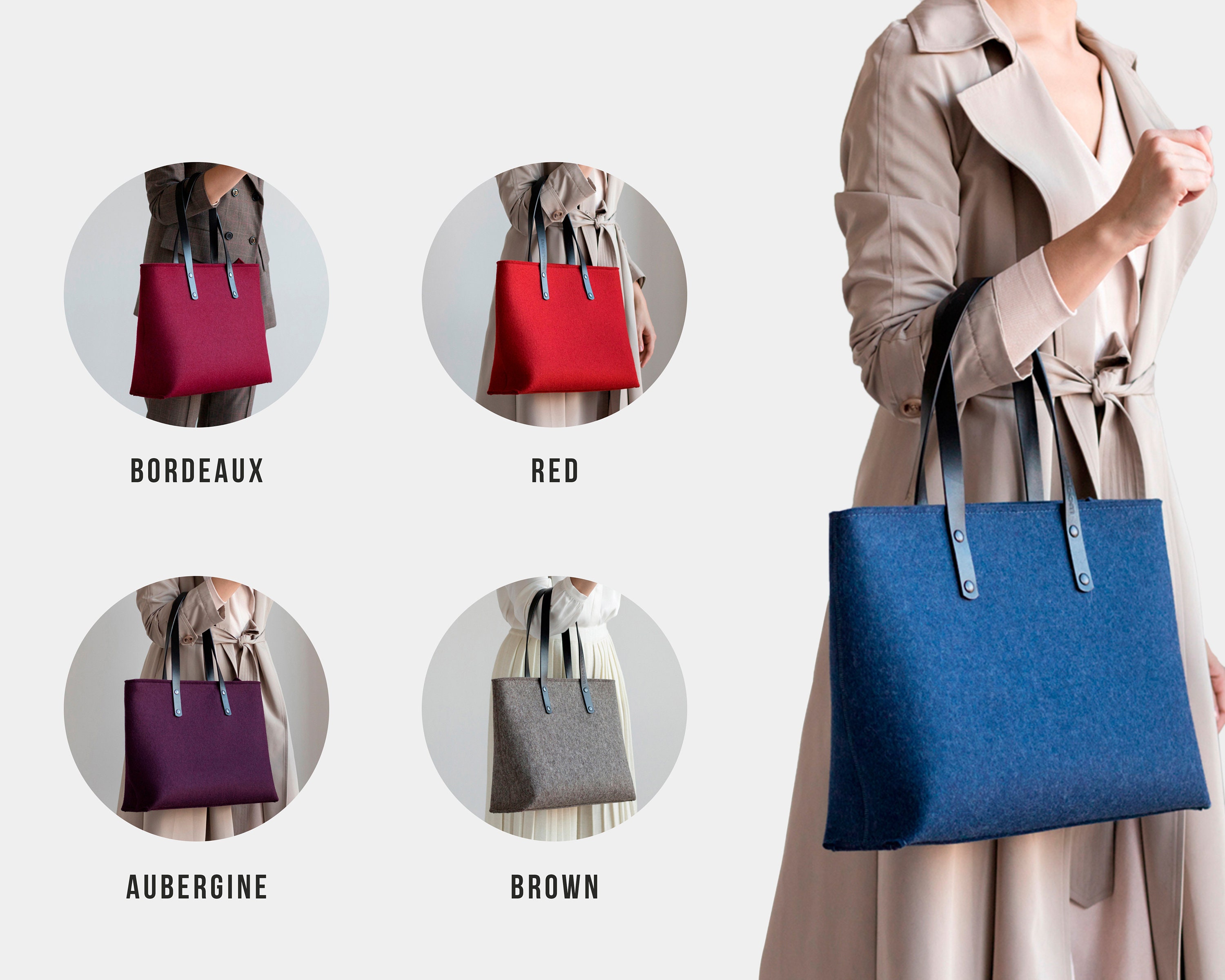 Merino Wool Felt Tote Bag With Leather Handles, Handbag, Felt Handbag ...