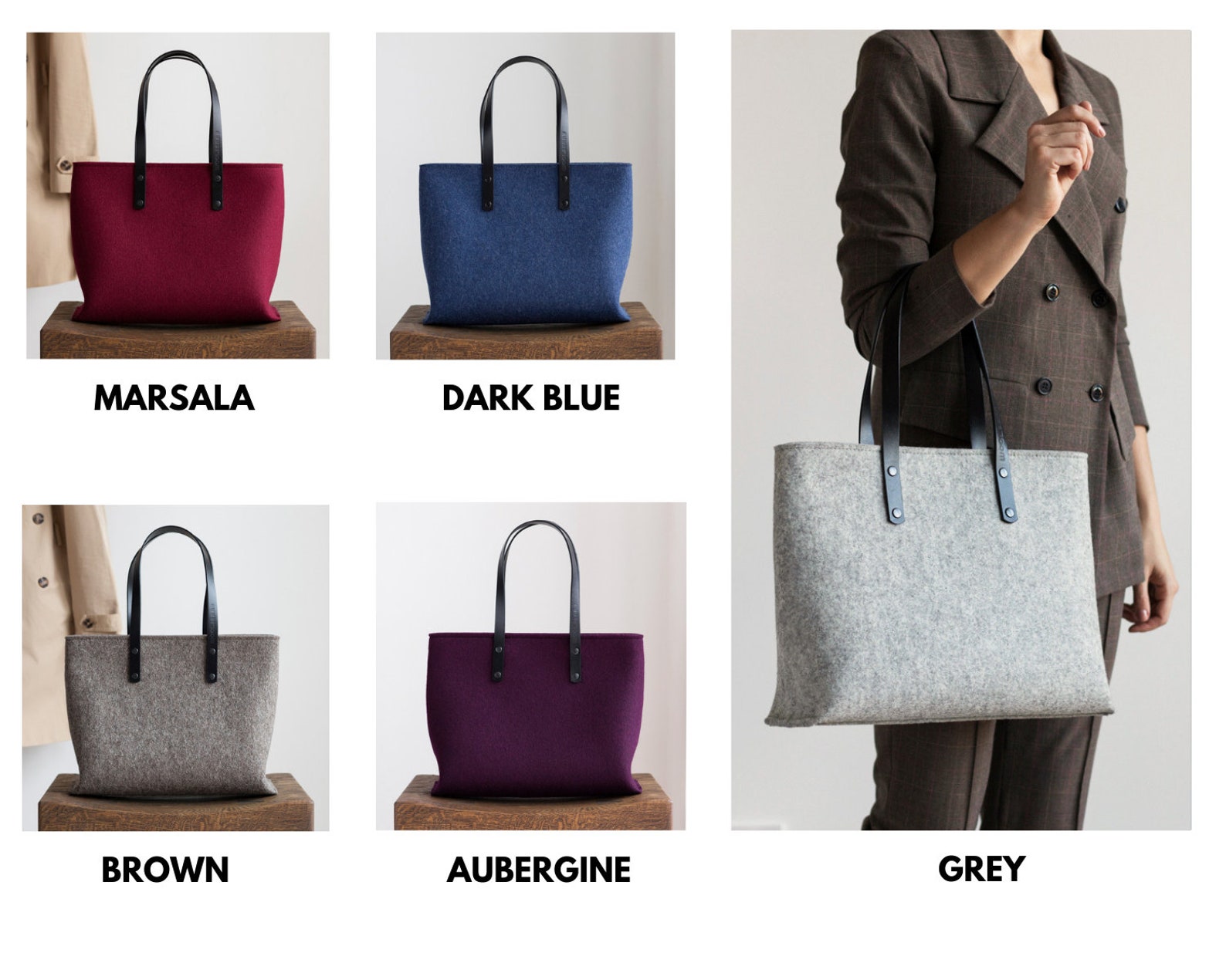 Merino Wool Felt Tote Bag With Leather Handles, Felt Handbag, Felt Bag ...