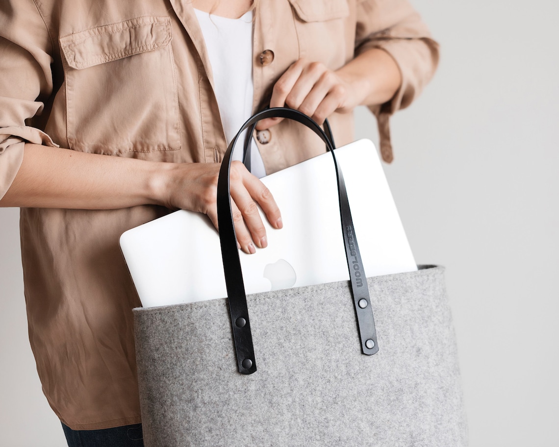 Merino Wool Felt Tote Bag With Leather Handles Handbag Felt - Etsy