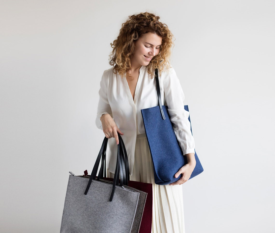 Merino Wool Felt Tote Bag With Leather Handles Felt Bag | Etsy