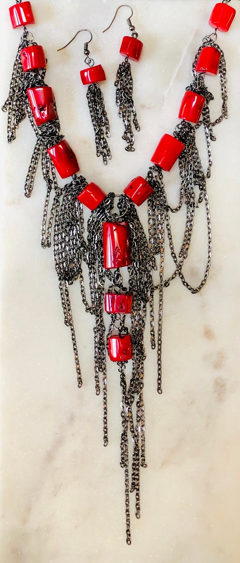 Red Coral & Black Chain Necklace Set - Etsy Canada